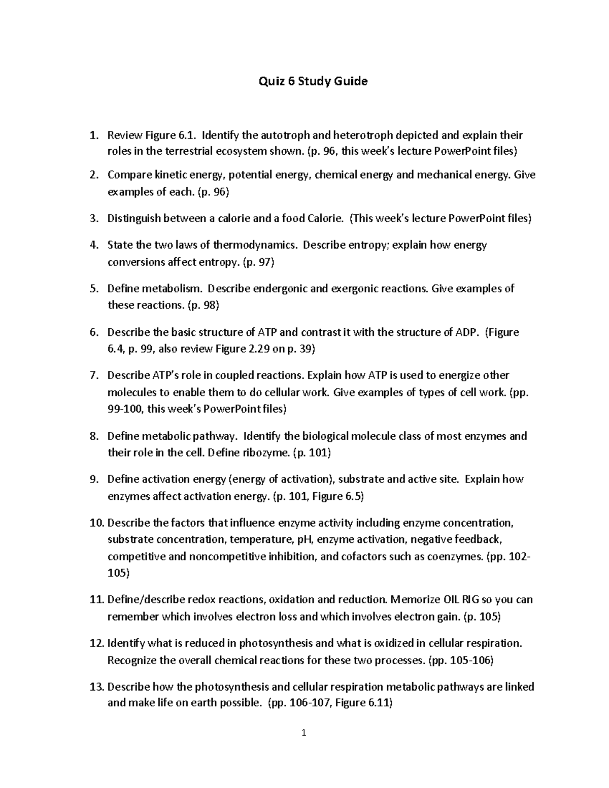 Quiz 6 Study Guide: Cellular Respiration, Photosynthesis & Metabolism ...