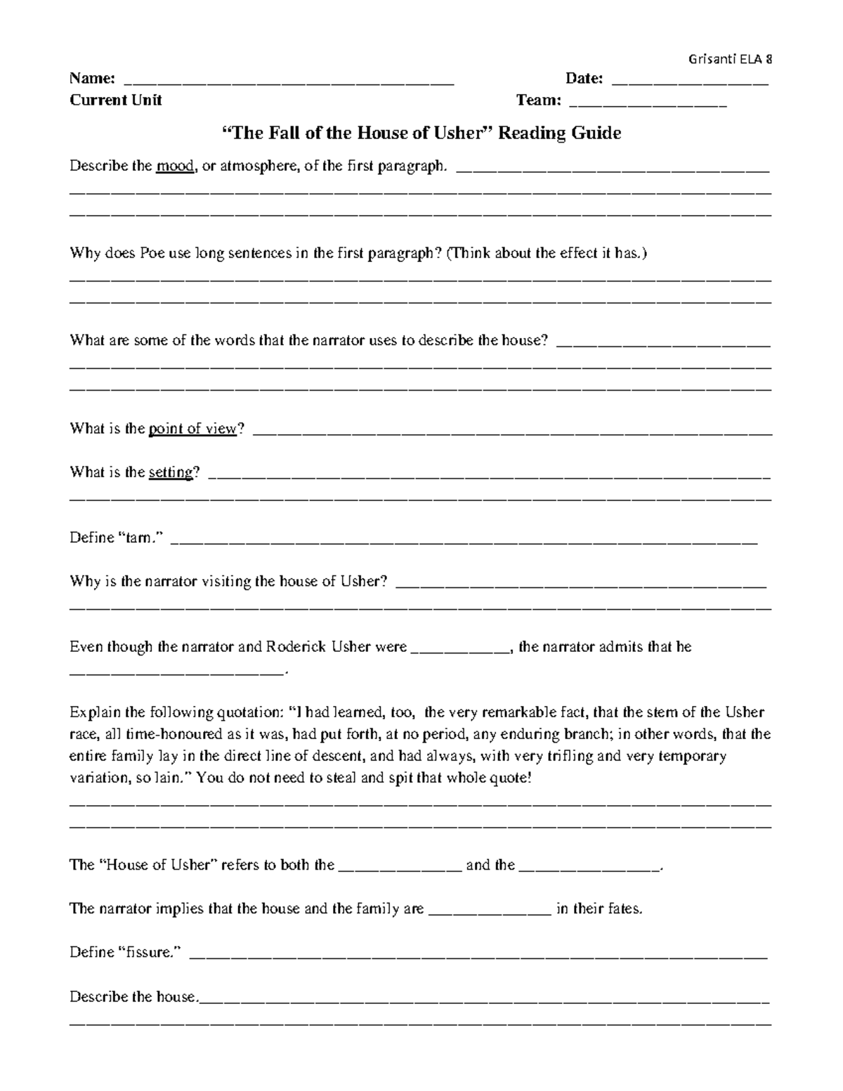 FHU Reading Guide: Analyzing "The Fall of the House of Usher" - Studocu
