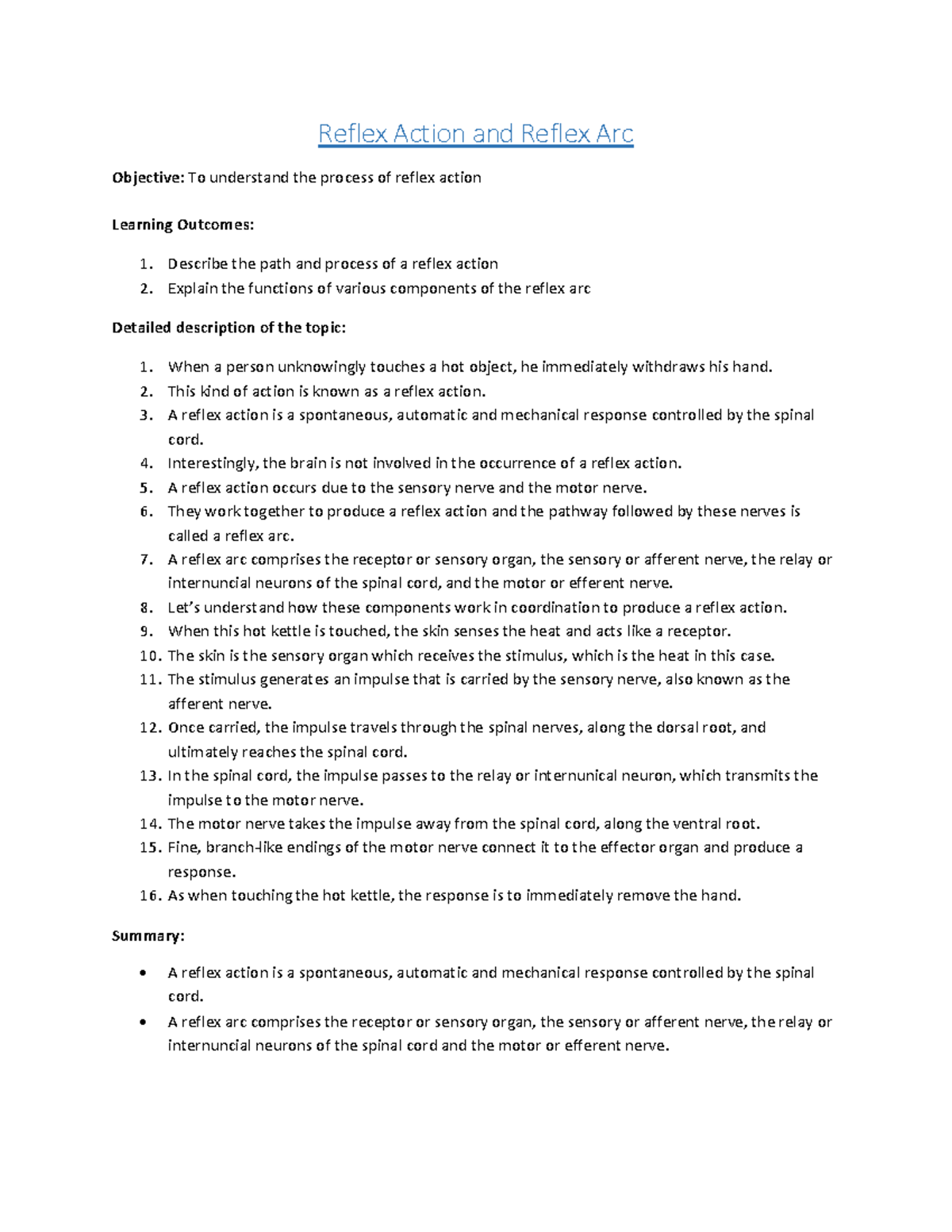 11PSY Reflex Notes - Human Nervous system - Reflex Action and Reflex ...