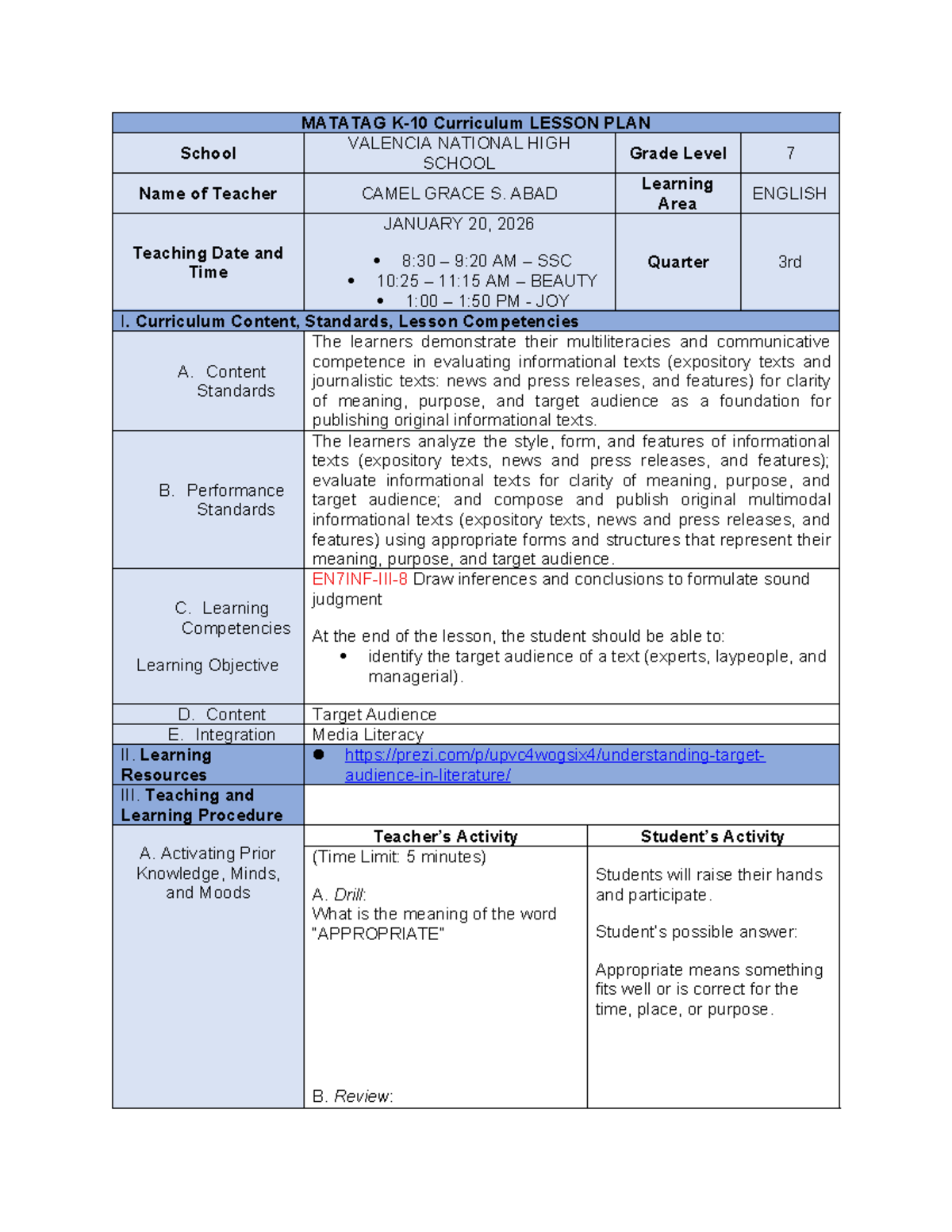 01-20-26 - Lesson Plan on Target Audience for Grade 7 English - Studocu