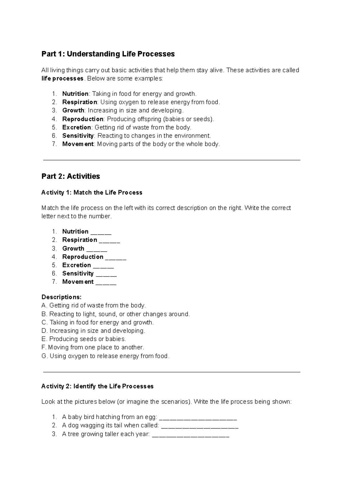 Grade 4 Life Processes: Understanding and Activities Guide - Studocu