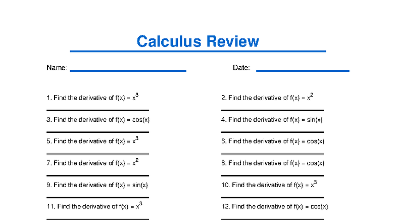 Calculus Review (MATH 101) - Derivatives Practice and Solutions - Studocu