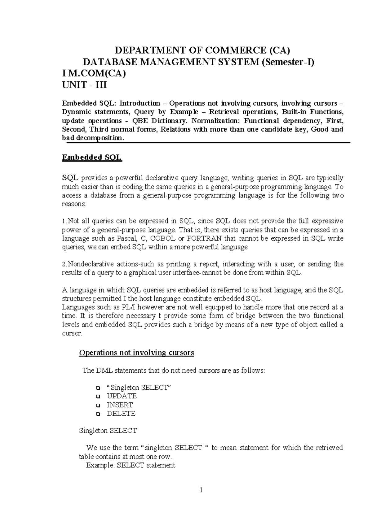 18BCA32C-U3 - Database Management System I: Embedded SQL ...