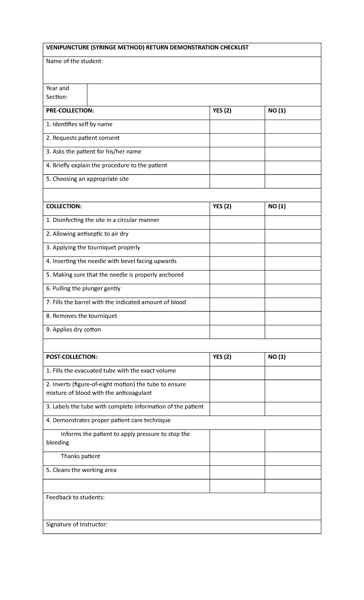 Venipuncture Procedure Checklist - Student Demonstration Guide - Studocu
