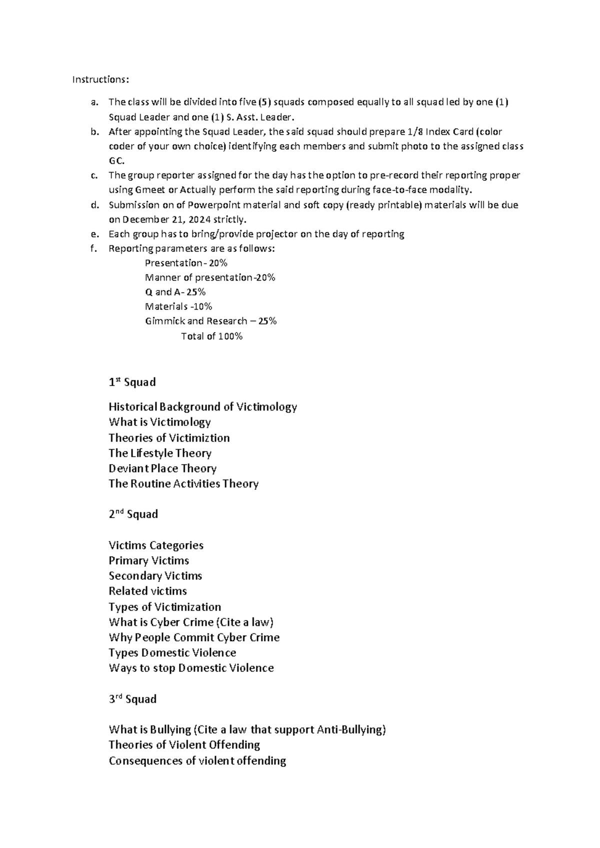 Crim 3 Reporting Instructions: Squad Assignments & Guidelines - Studocu