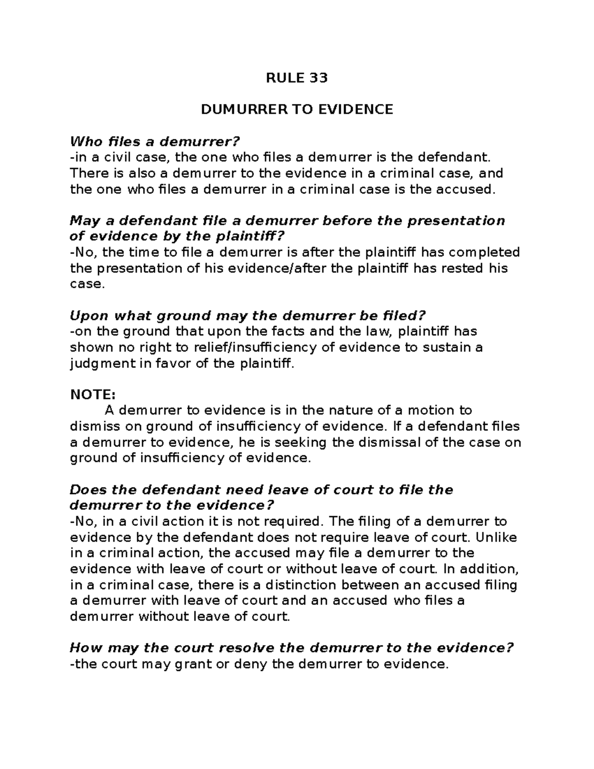 RULE 33: Demurrer to Evidence - Understanding Court Procedures - Studocu