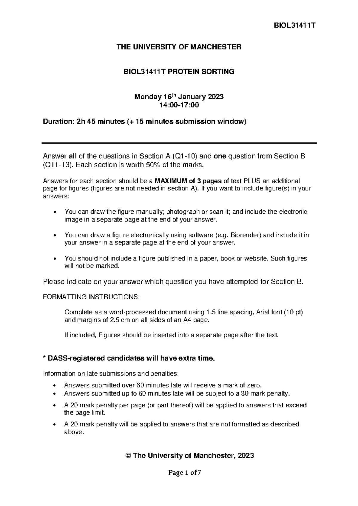 BIOL31411T 2023 Final Exam: Protein Sorting and CDSK Analysis - Studocu