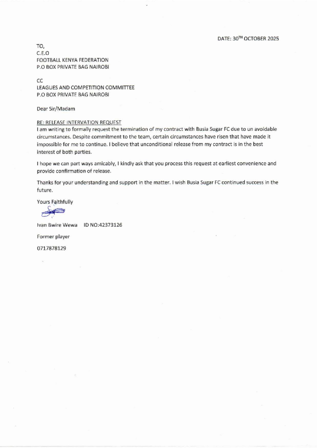 Request Letter for Contract Termination - Busia Sugar FC - Studocu