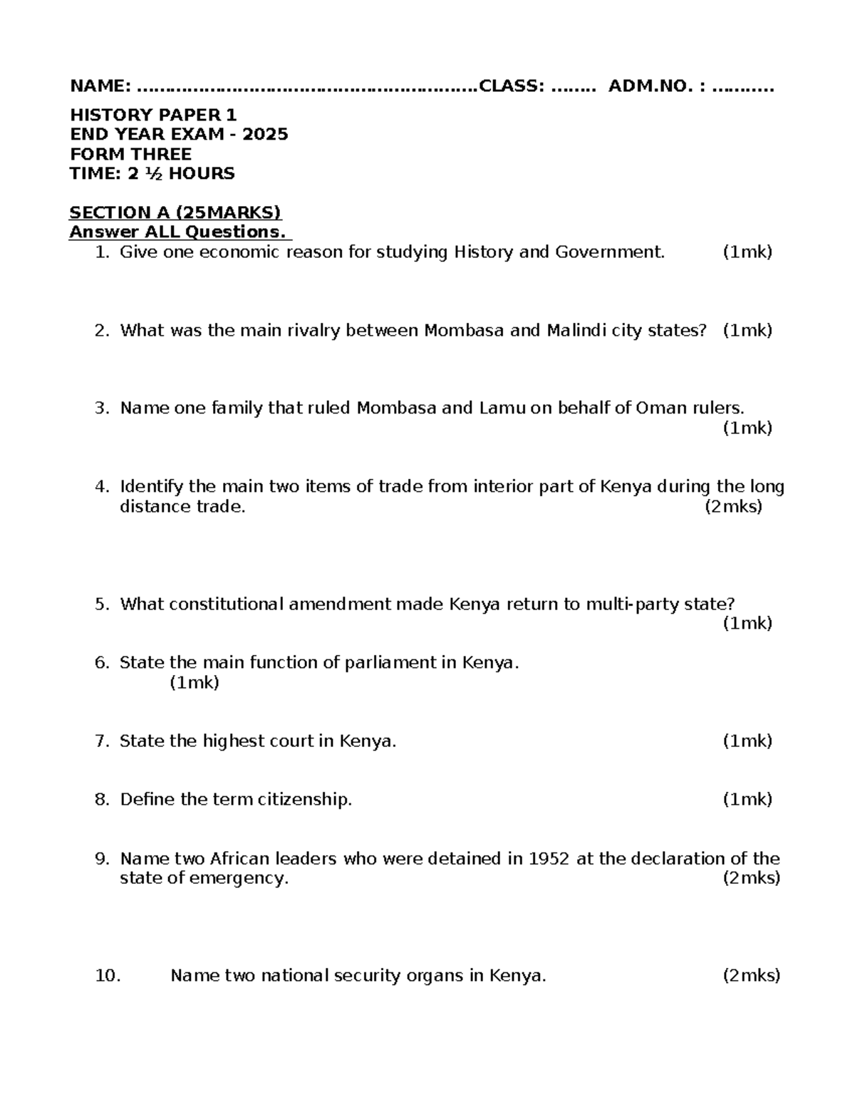 2025-History-F3-End Year Exam Paper 1 Questions - Studocu