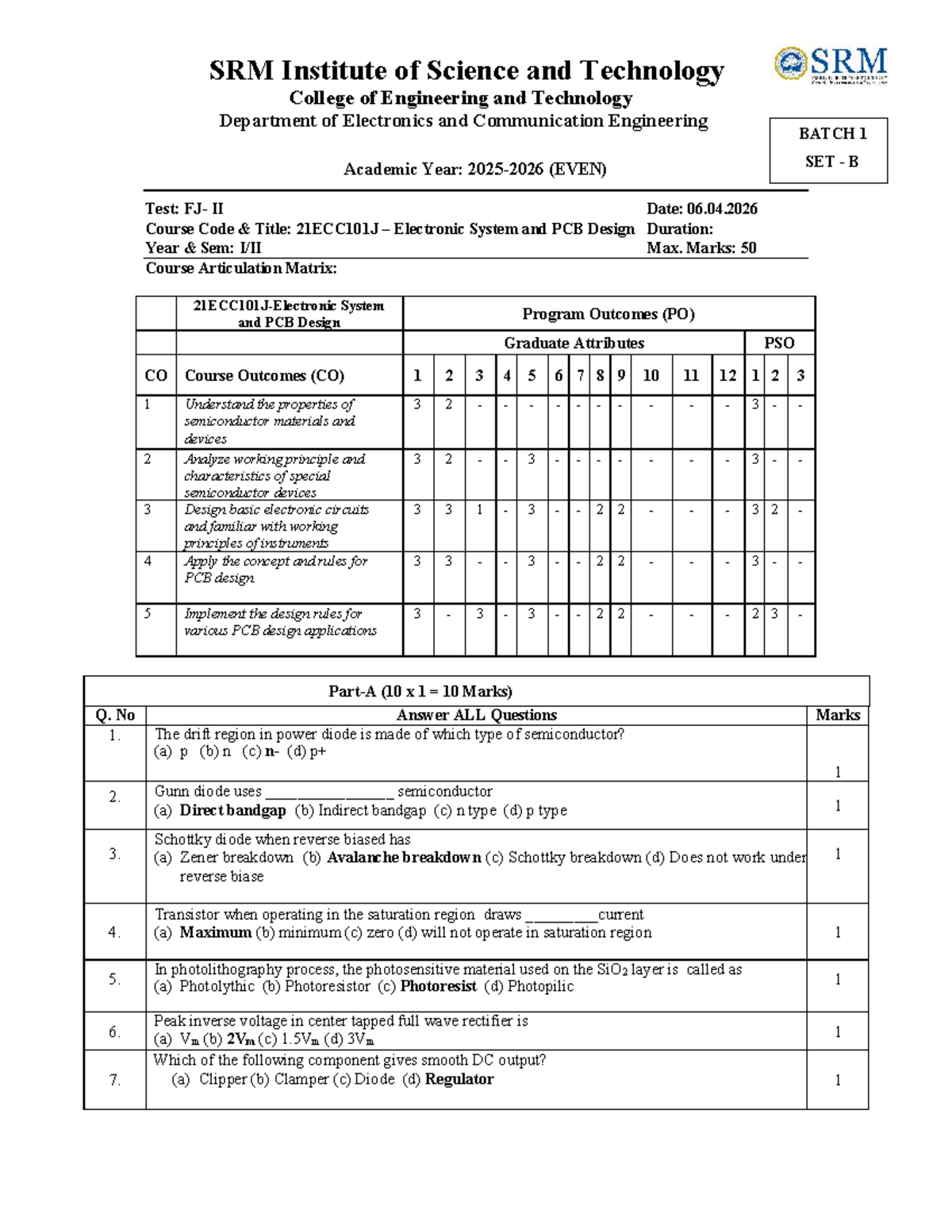 21ECC101J Electronic System & PCB Design - SET B Answer Key - Studocu