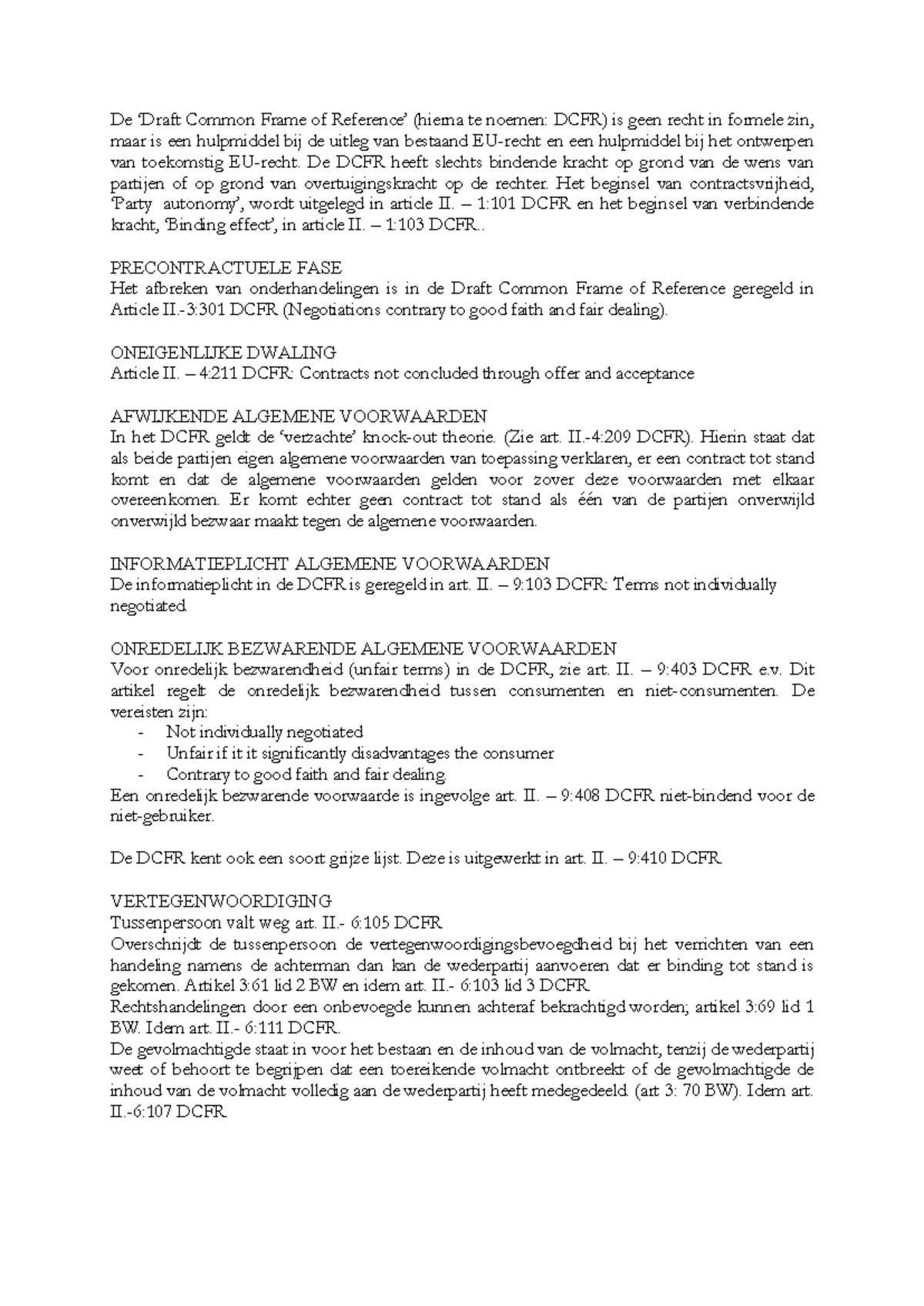 Samenvatting Contractenrecht I: Belangrijke Artikelen uit DCFR ...