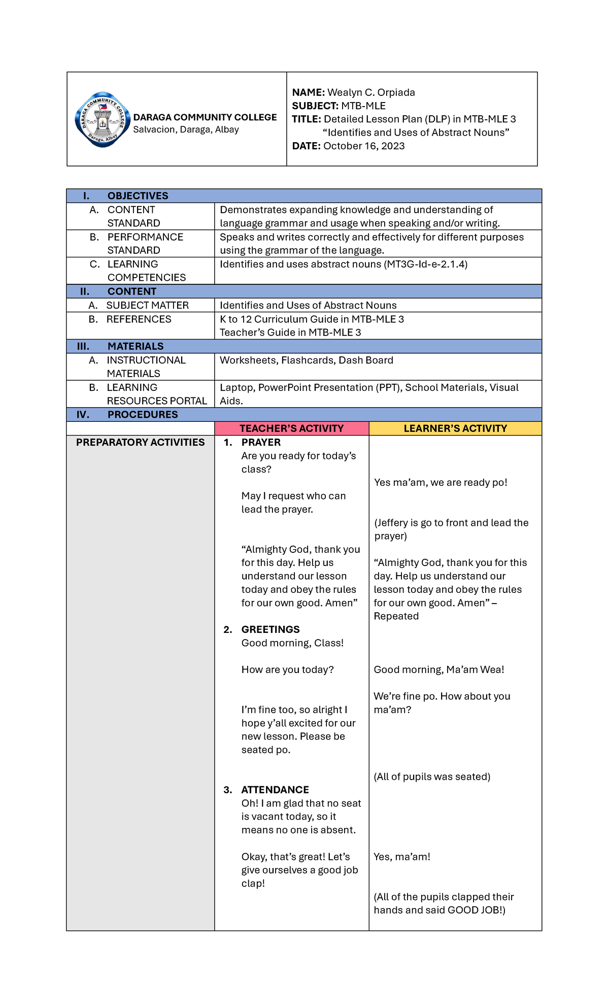 Detailed Lesson Plan (DLP) MTB-MLE 3: Abstract Nouns Lesson - Studocu