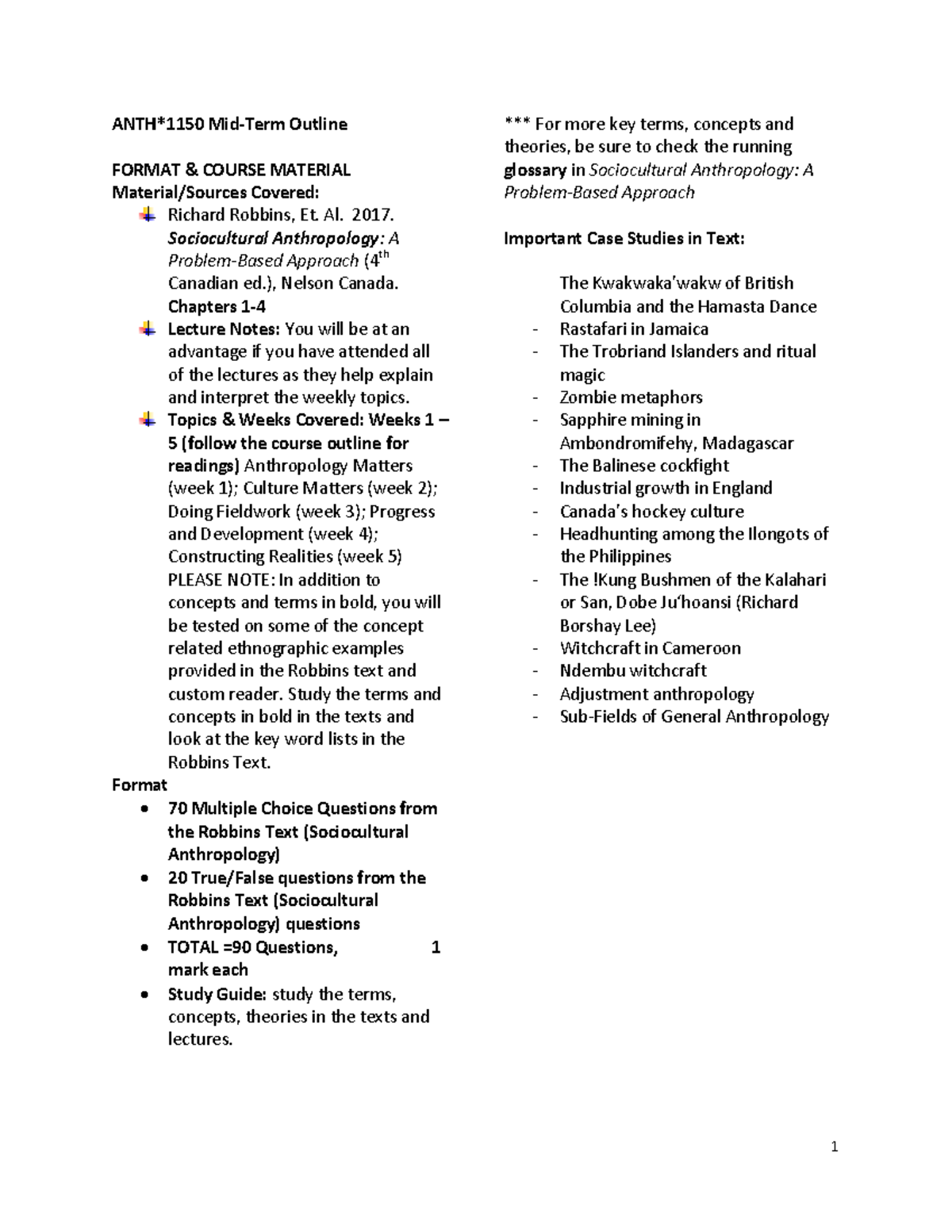 1150 Mid Term Study Outline-F-21 - 1 ANTH*1150 Mid-Term Outline FORMAT ...