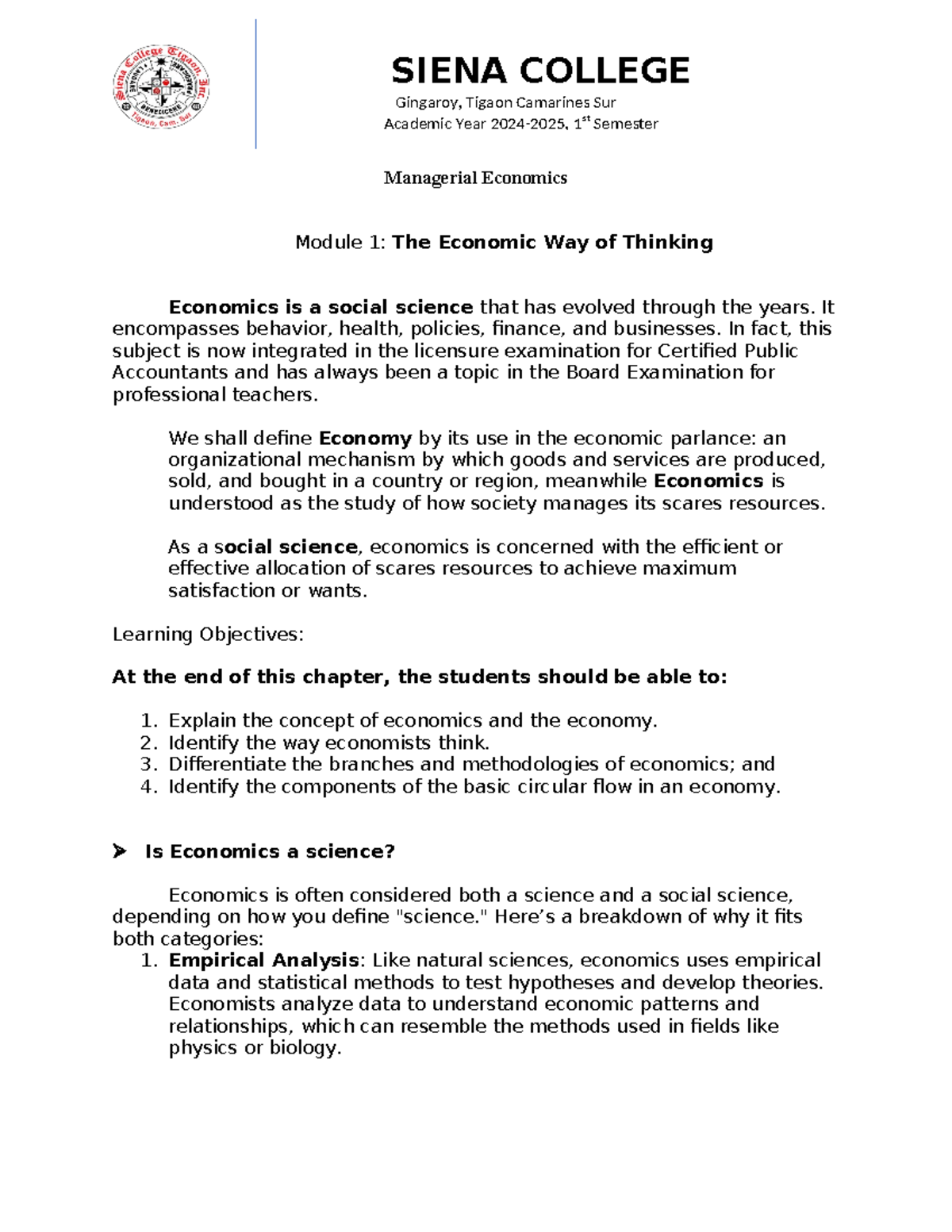 Module 1 - Economics: Understanding the Economic Way of Thinking - Studocu