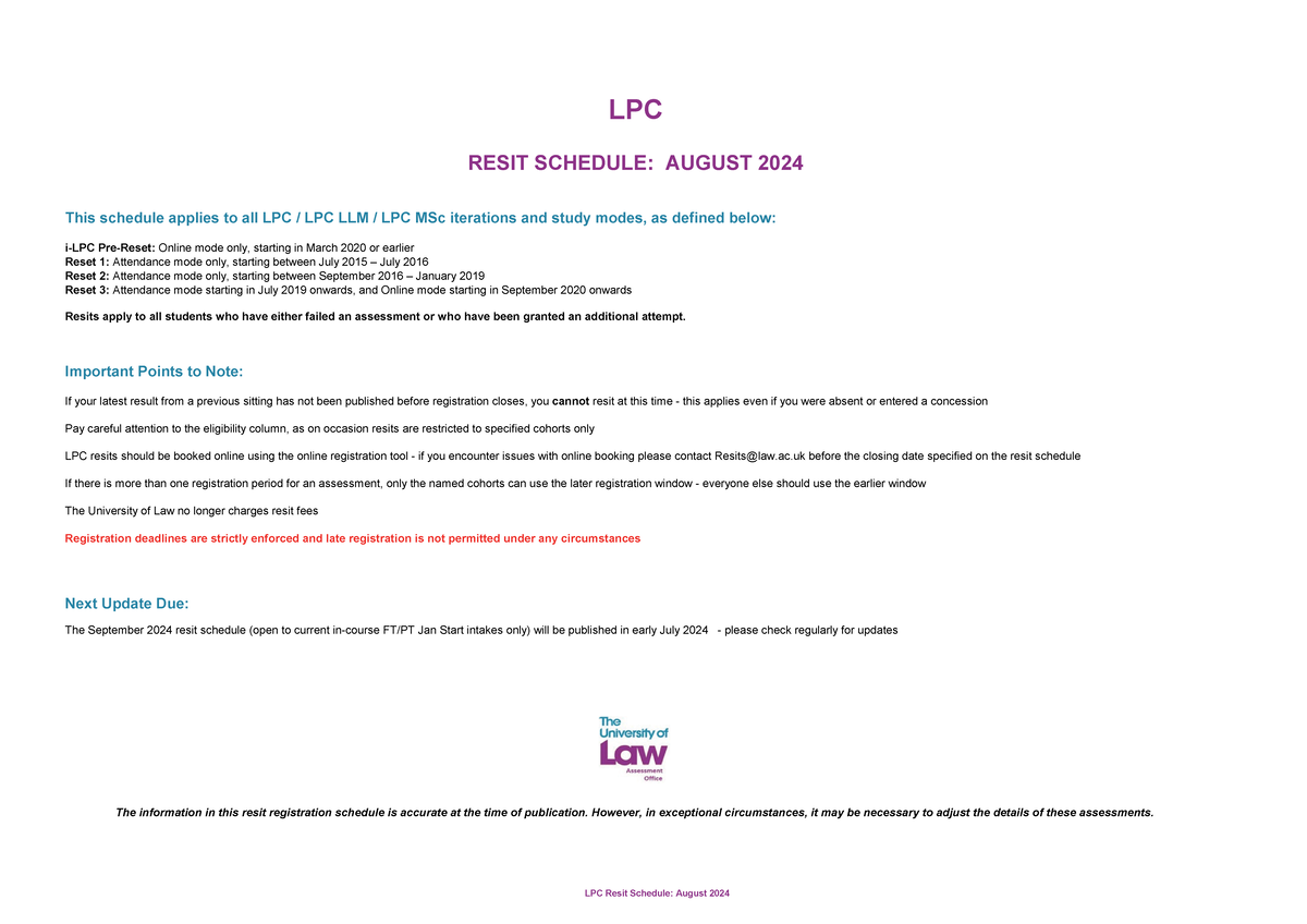 LPC Resit Timetable for August 2024 - Updated Registration Details ...