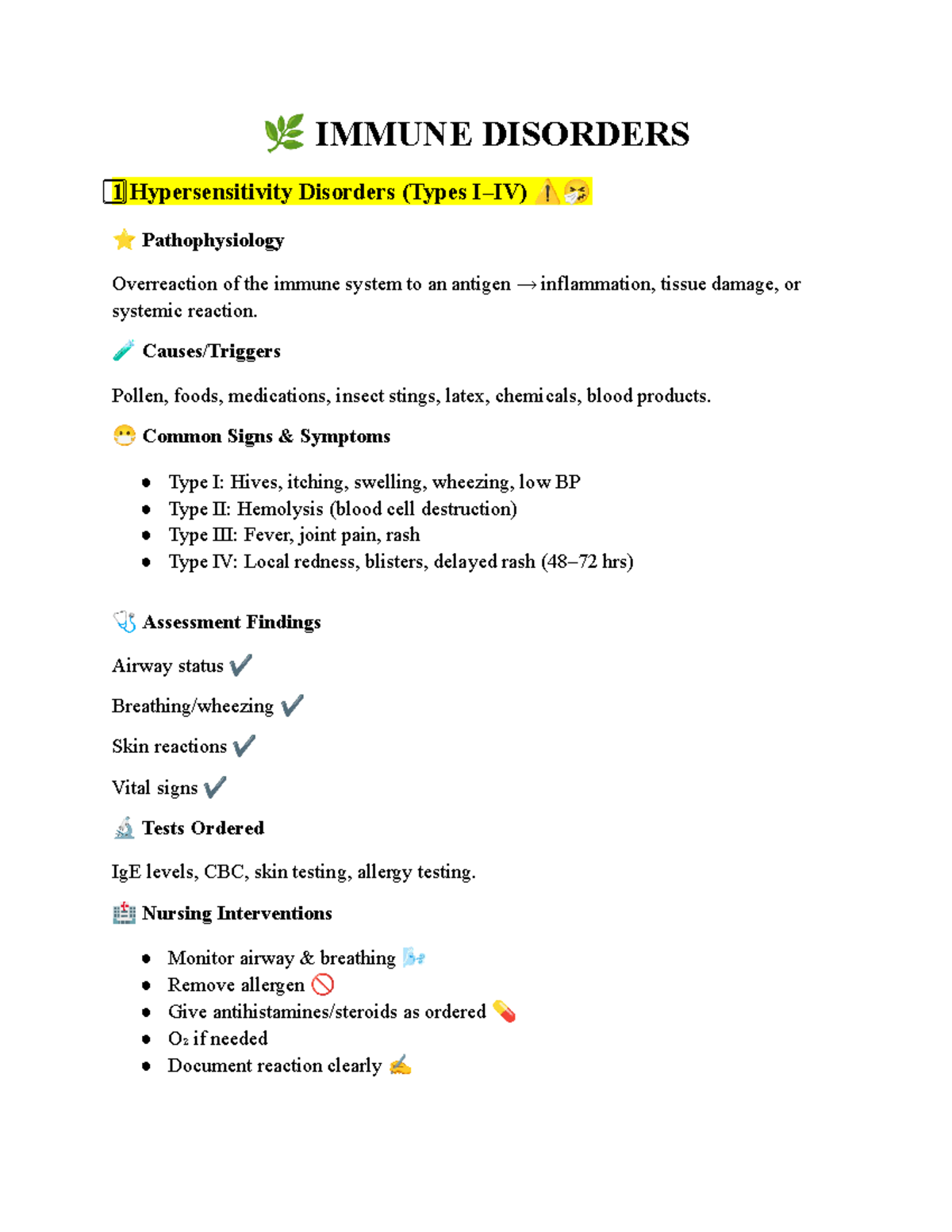 IMMUNE DISORDERS Study Guide: Hypersensitivity & Autoimmune Disorders ...