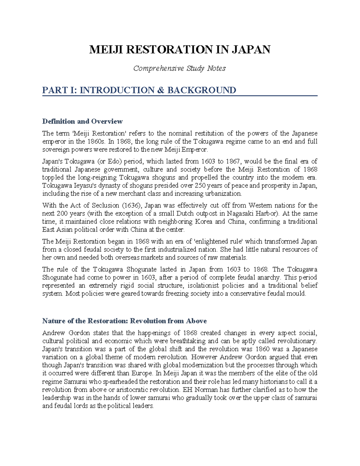 MEIJI RESTORATION IN JAPAN: Comprehensive Study Notes (Part I) - Studocu