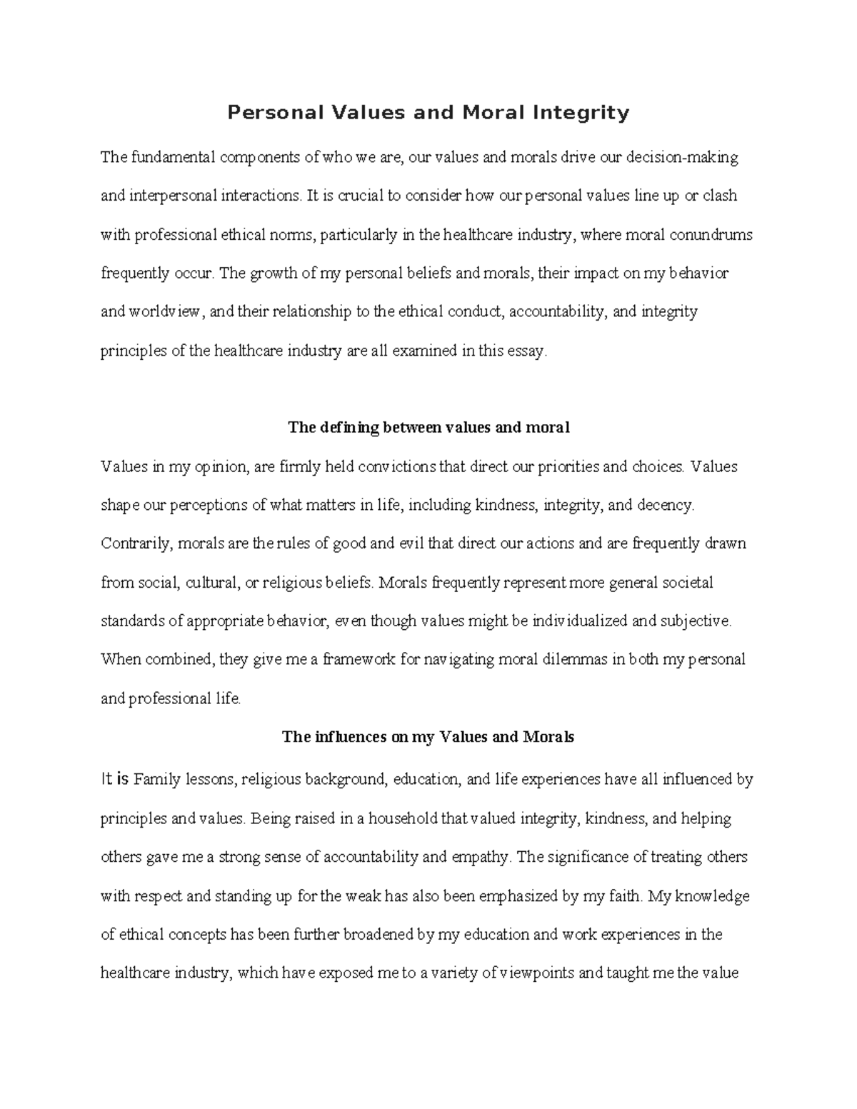 Personal Values and Moral Integrity: A Healthcare Perspective Essay - Studocu