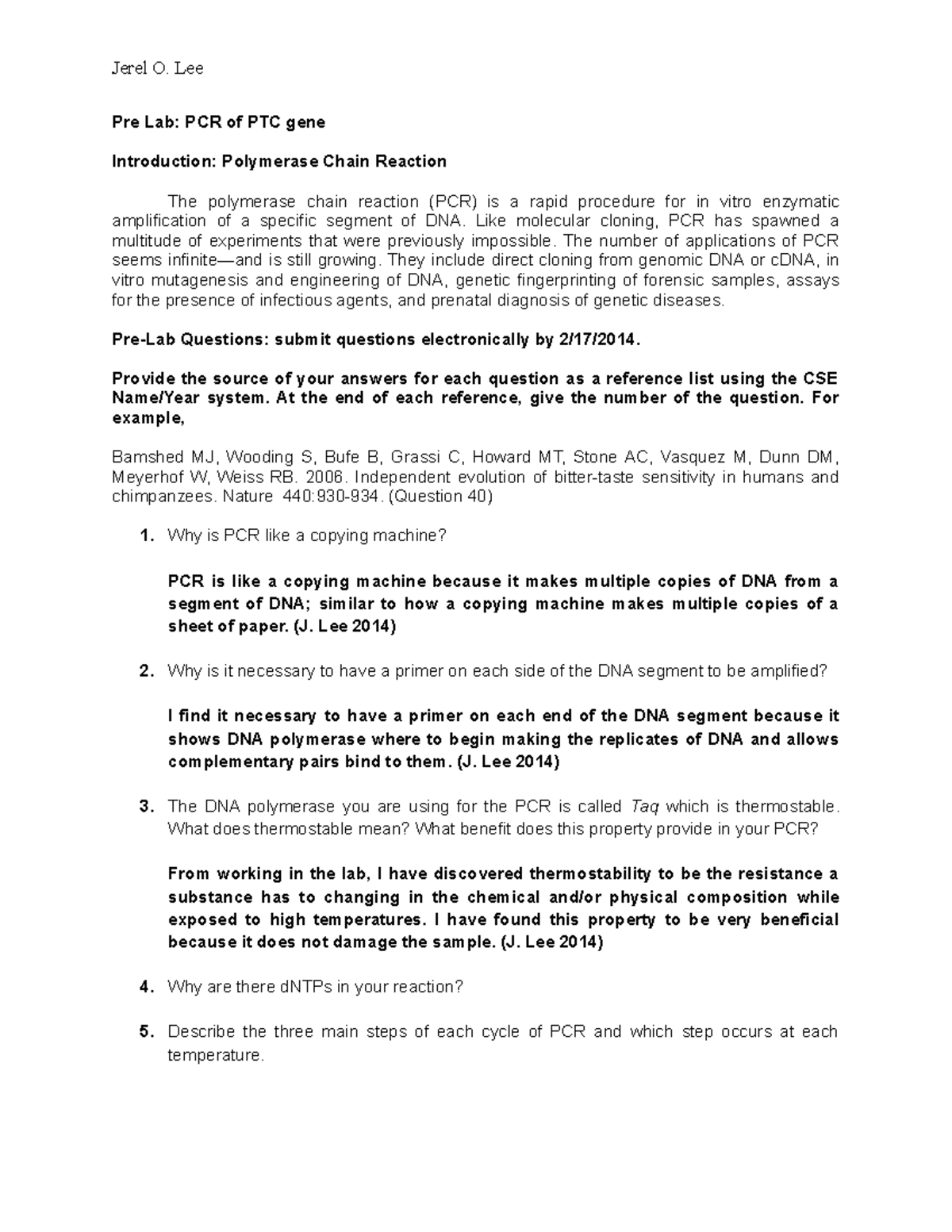 PCR of PTC Gene Pre Lab Questions - Jerel O. Lee Pre Lab: PCR of PTC ...