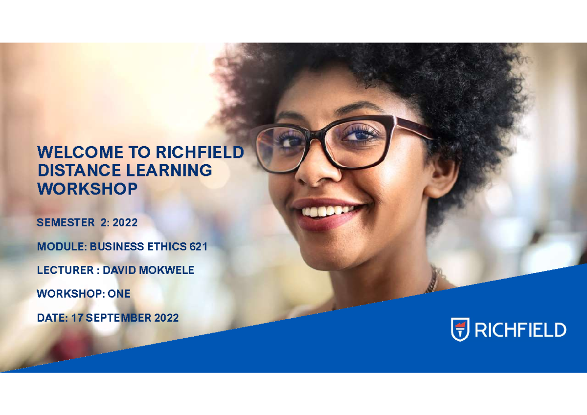 Intor to business ethics - WELCOME TO RICHFIELD DISTANCE LEARNING ...