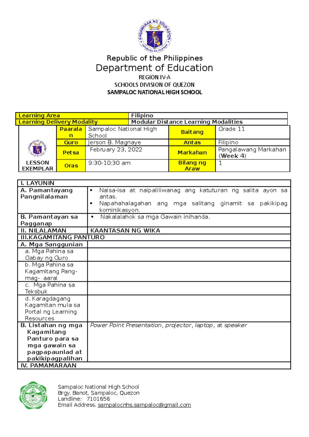 Lesson Exemplar - Filipino Grade 11 (Modular Distance Learning) - Studocu