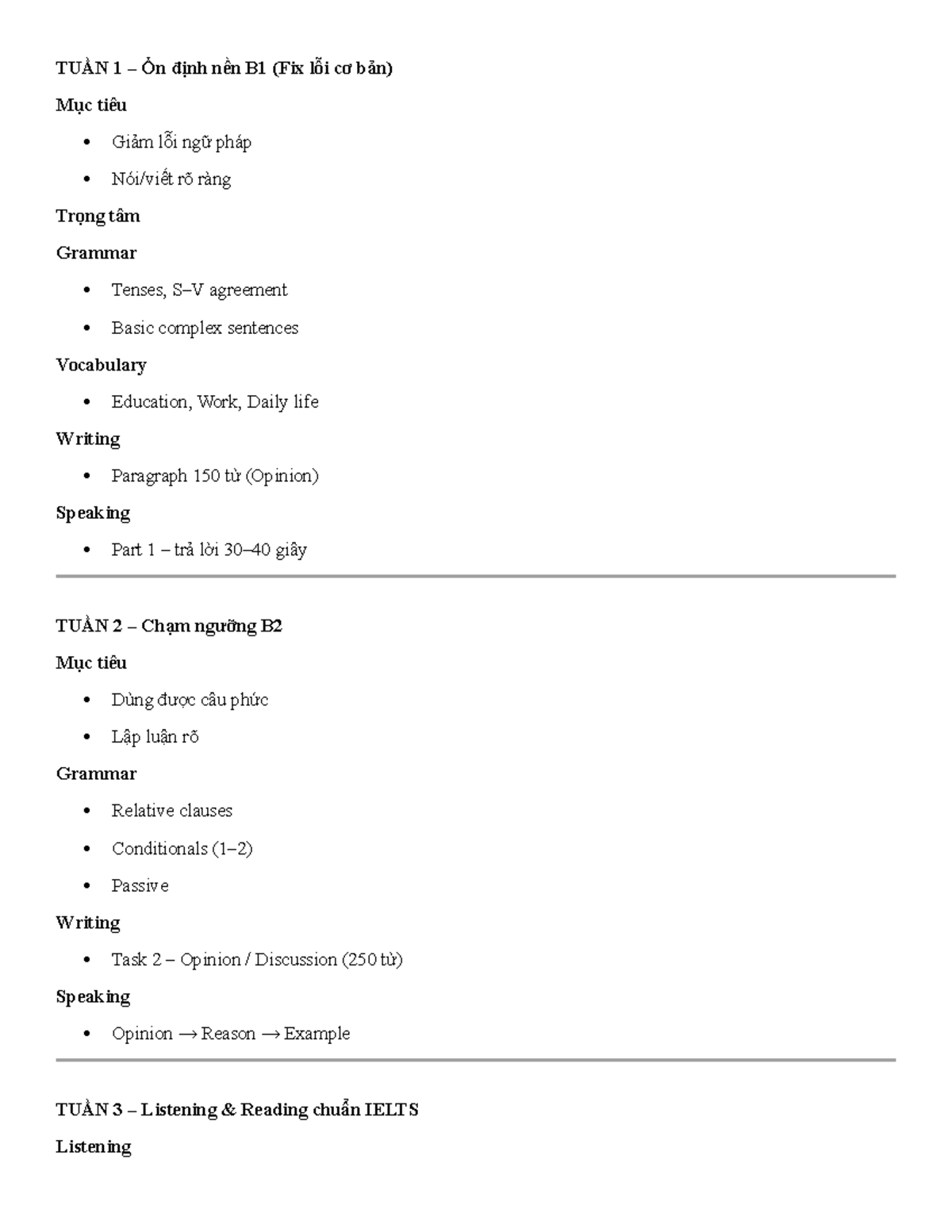 Học IELTS: Lộ Trình Từ B1 Đến B2 - TUẦN 1 Đến TUẦN 5 - Studocu