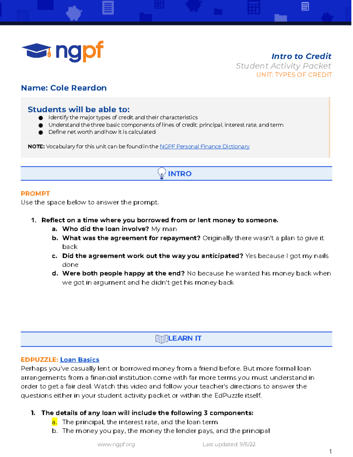 M7.2 Intro to Credit - Intro to Credit Student Activity Packet UNIT ...