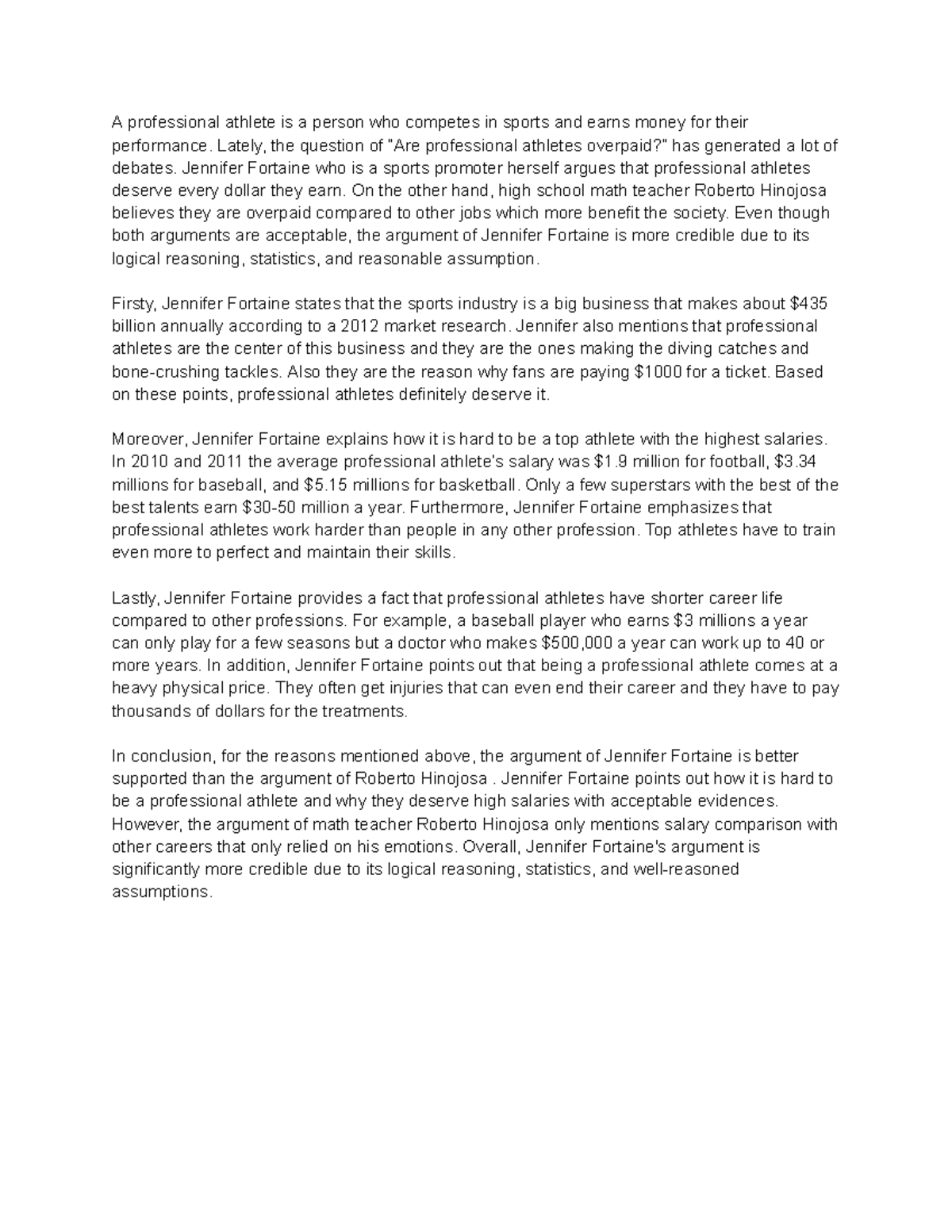 Debate on Professional Athletes' Salaries: A Case Study Analysis - Studocu