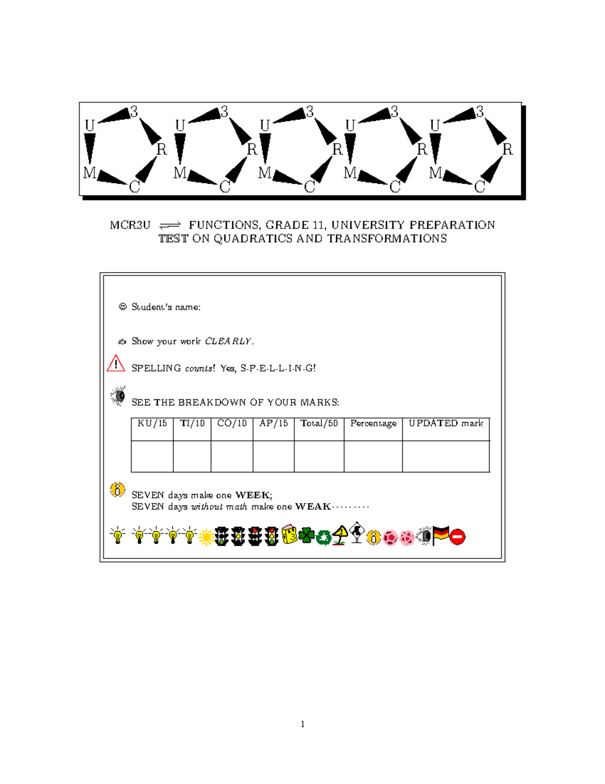 Mcr3u test quadratics and transformations - M C R 3 U M C R 3 U M C R 3 ...