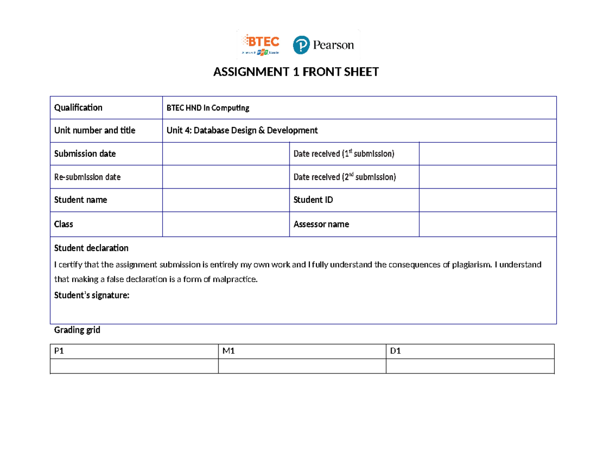 Unit 04 Assignment 1 frontsheet - ASSIGNMENT 1 FRONT SHEET Qualification BTEC HND in Computing ...