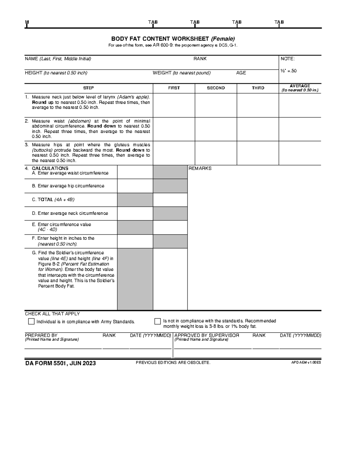DA5501 - Body Fat Content Worksheet (Female) - Studocu