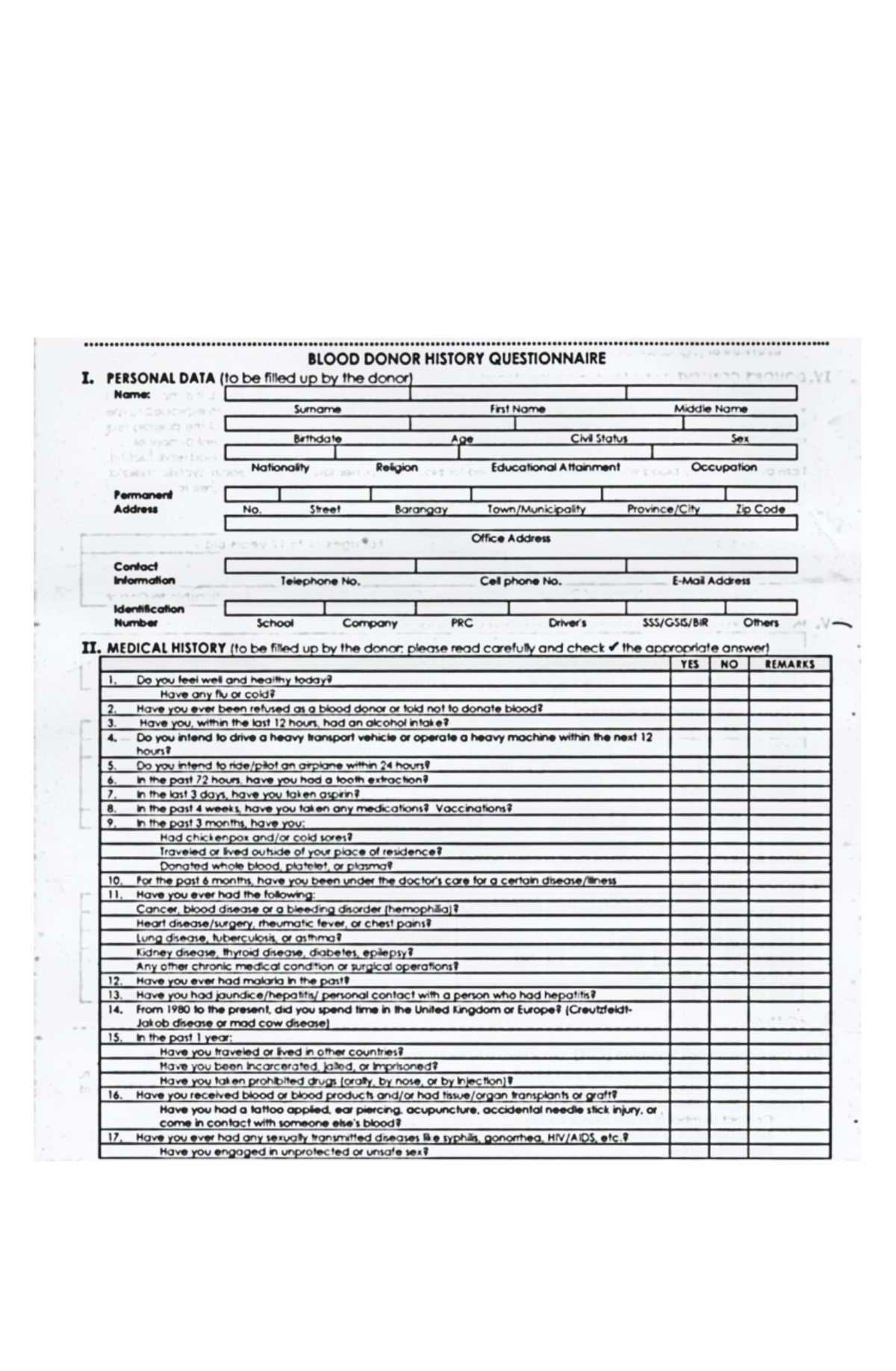 BLOOD DONOR HISTORY QUESTIONNAIRE: PERSONAL & MEDICAL DATA - Studocu