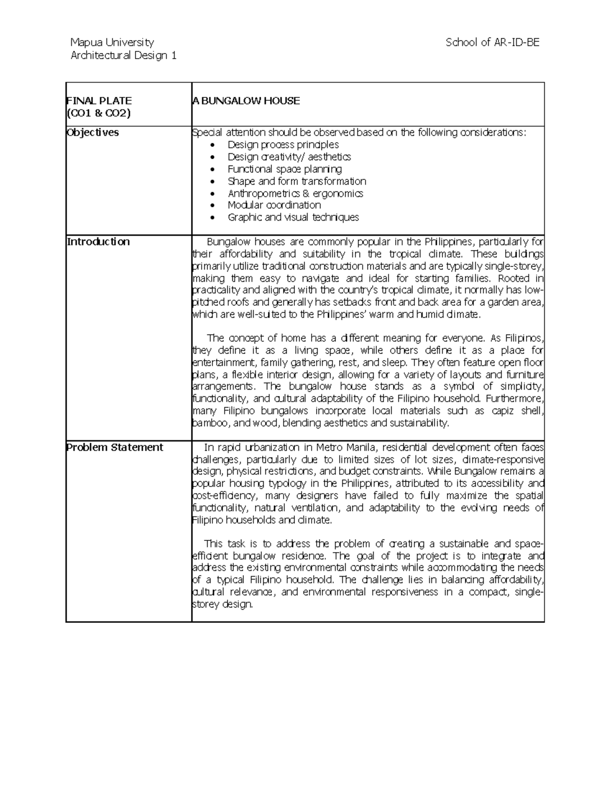 AR141-1P Final Plate: Bungalow House Design Project - Studocu