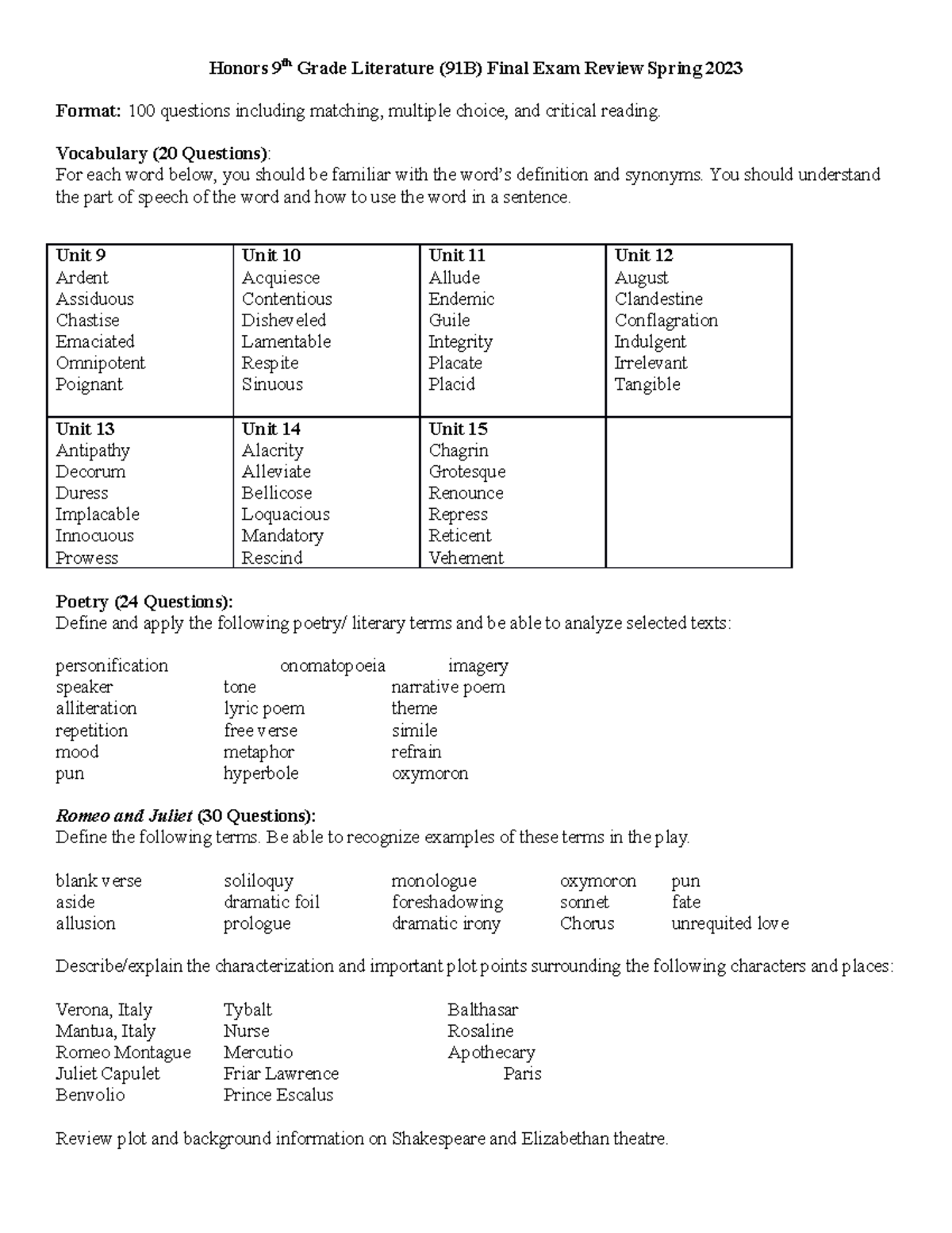 91B Literature Final Exam Review Notes S23: Key Vocabulary & Concepts ...