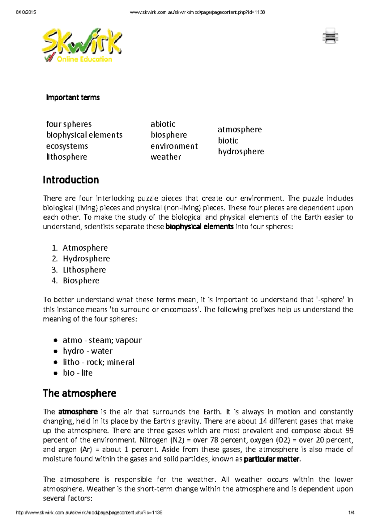 Geography - Skwirk: Understanding the Four Spheres of Earth - Studocu