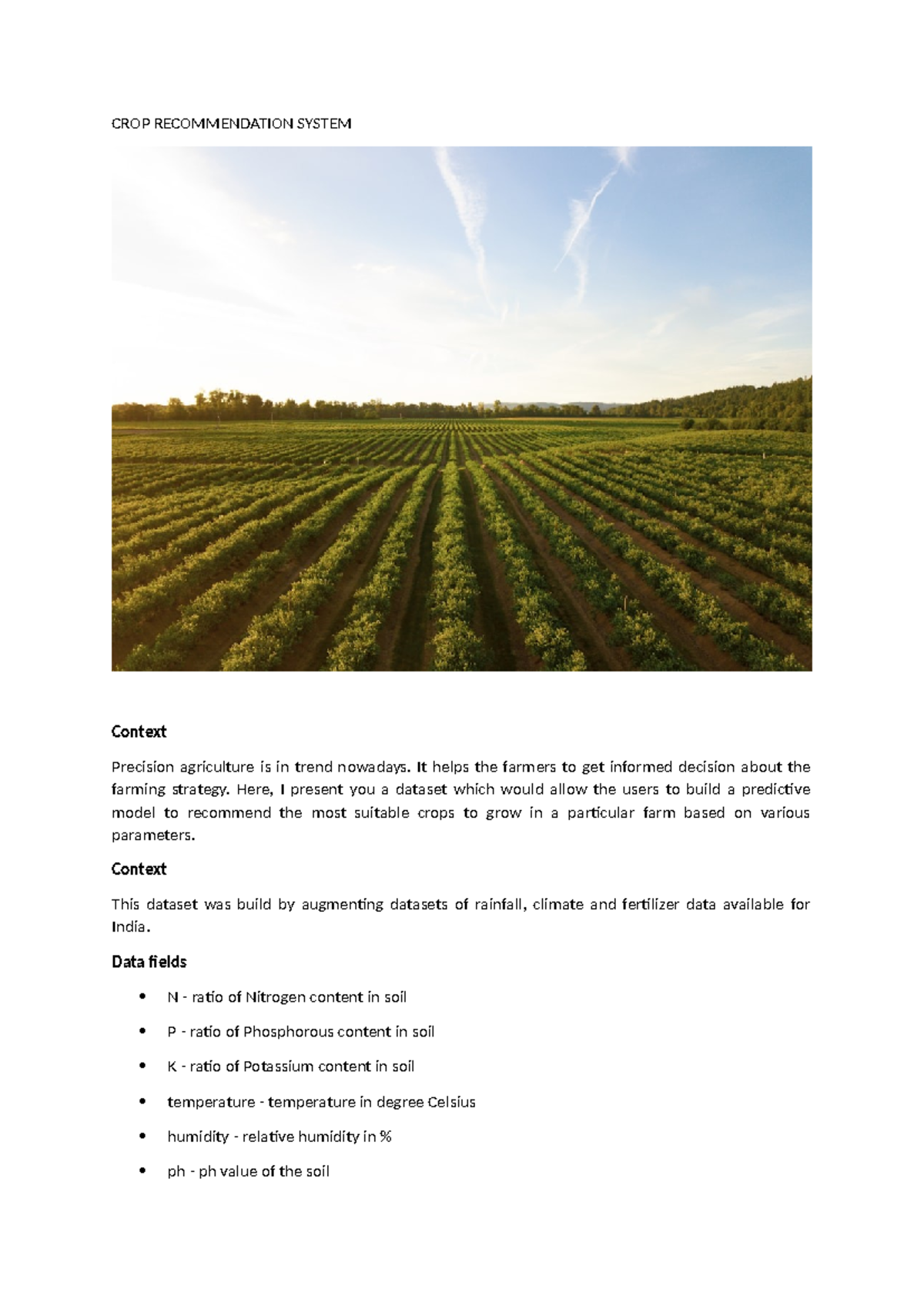 CROP Recommendation System: Predicting Suitable Crops for Farmers - Studocu
