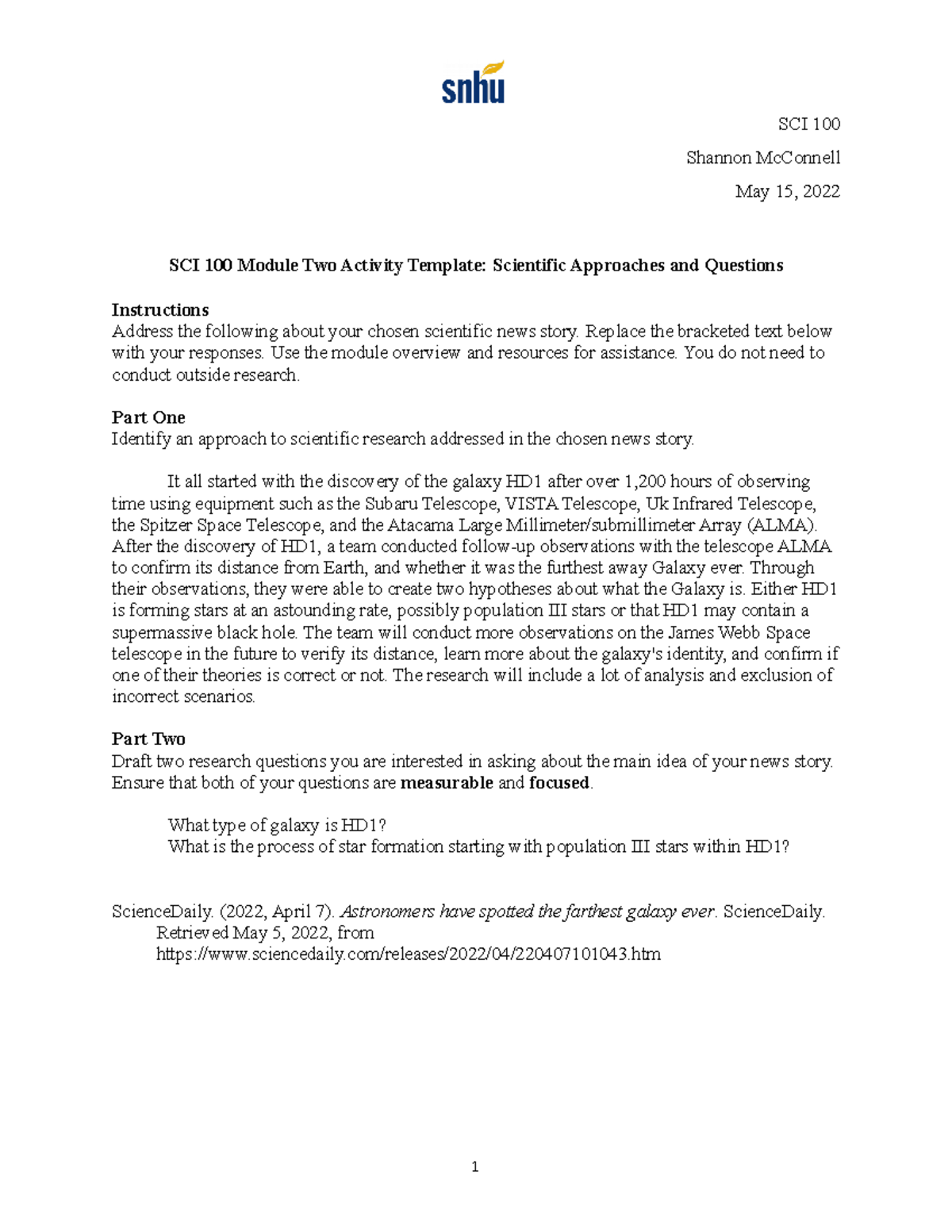 SCI 100 Module Two Activity Emily Mc Coy - SCI 100 Shannon McConnell ...