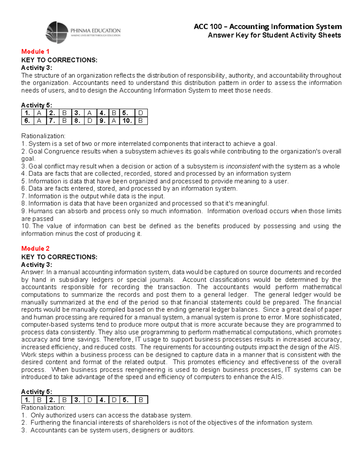 ACC 100 Accounting Information System Answer Key: Key to Corrections ...