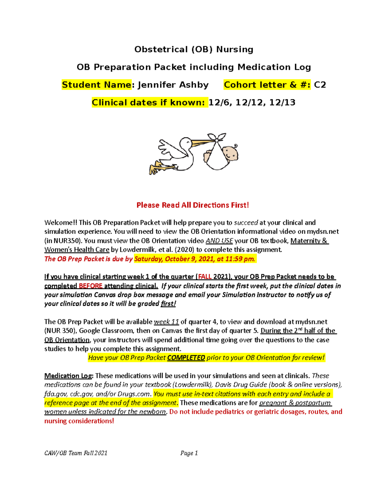 OB Prep Packet with Med Log FALL 2021 9-2-21 - Obstetrical (OB) Nursing ...