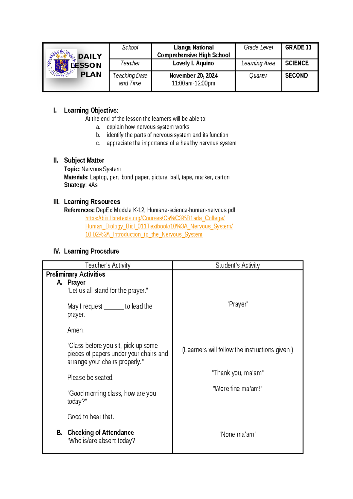 GRADE 11 SCIENCE - Lesson Plan on the Nervous System - Studocu