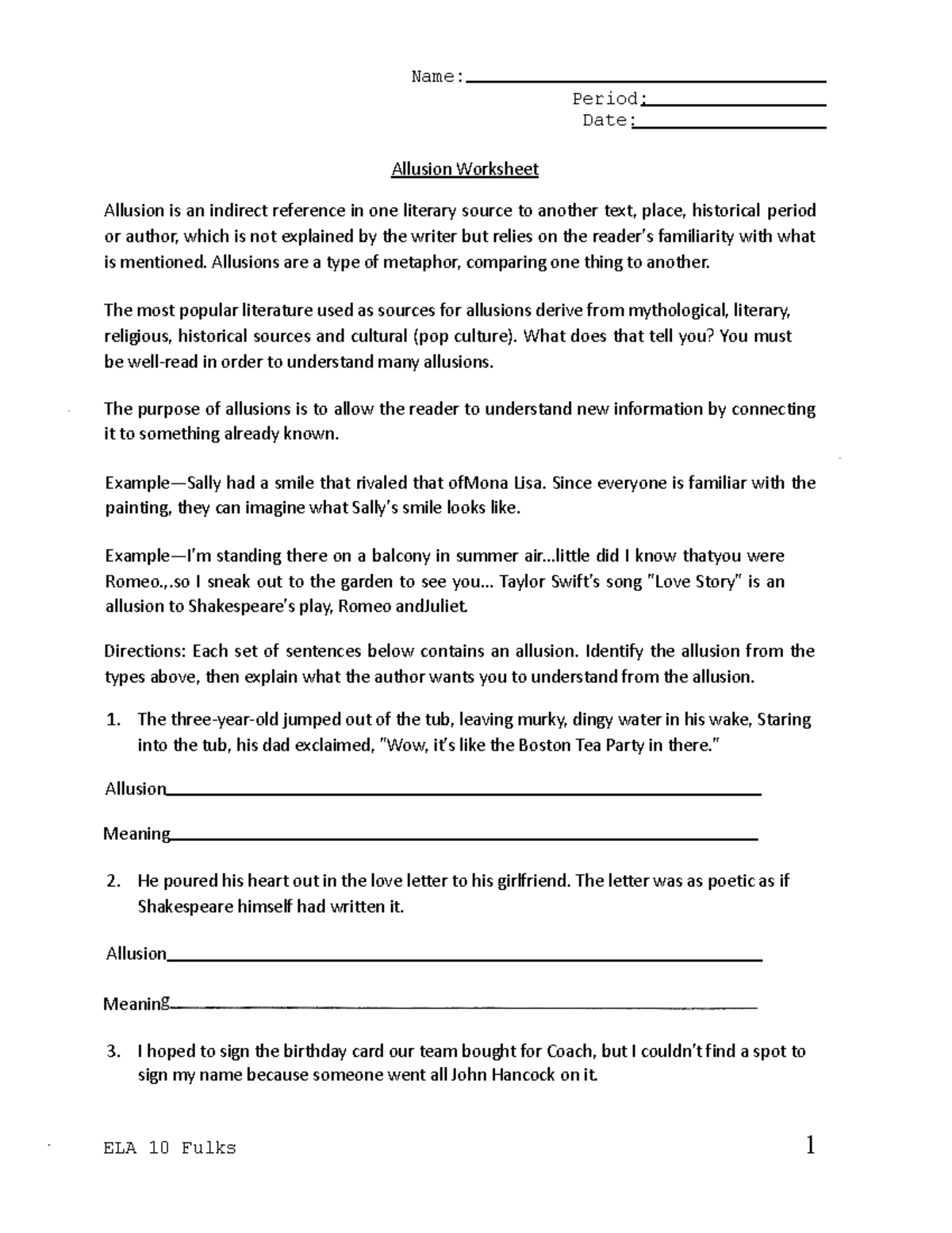 Allusion Worksheet - Understanding Literary References - Studocu