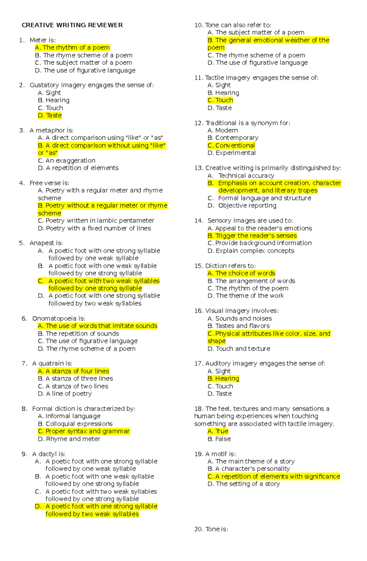 CW- Creative Writing Final Exam Reviewer: Key Concepts and Definitions ...