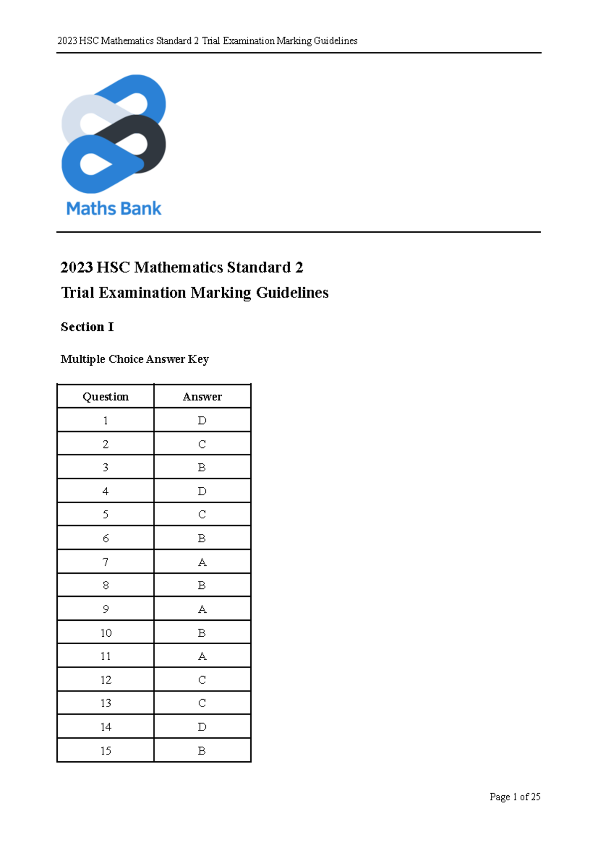 2023 HSC Mathematics Standard 2 Trial Exam Marking Guidelines - Studocu