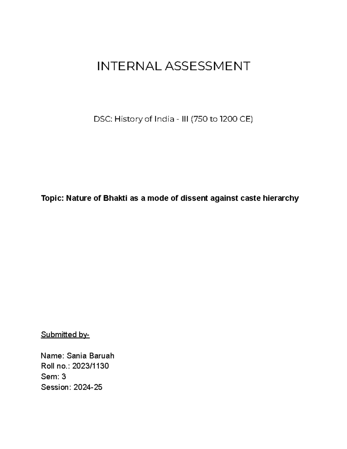 INTERNAL ASSESSMENT DSC: Bhakti Tradition as Dissent (750-1200 CE ...