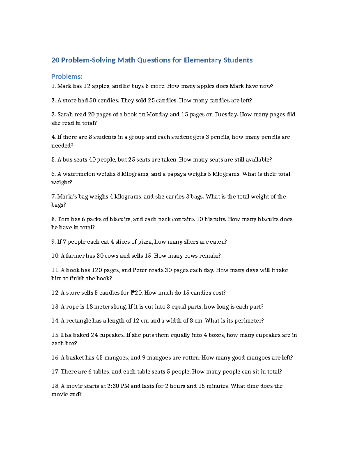 Elementary Math Problem Solving: 20 Questions for Students - Studocu