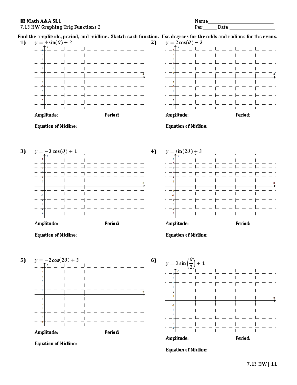 IB Math SL1 7.13 HW: Graphing Trig Functions & Analyzing Properties ...
