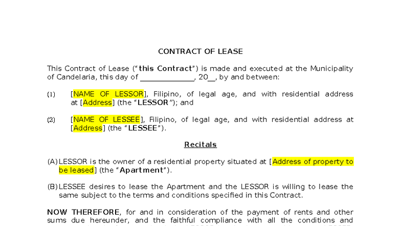 CONTRACT OF LEASE: Terms and Conditions for Residential Property - Studocu