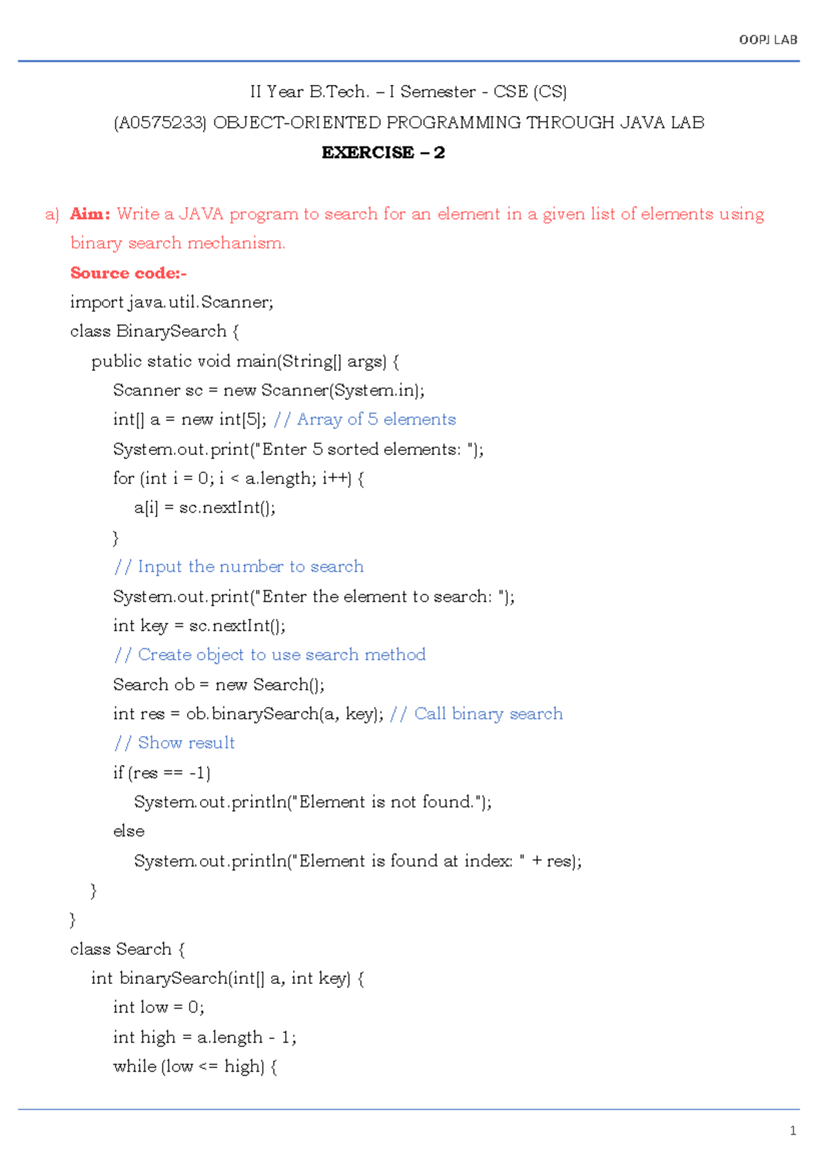 OOPJ LAB II Year B.Tech. I Sem CSE (CS) (A0575233) Java Binary Search ...