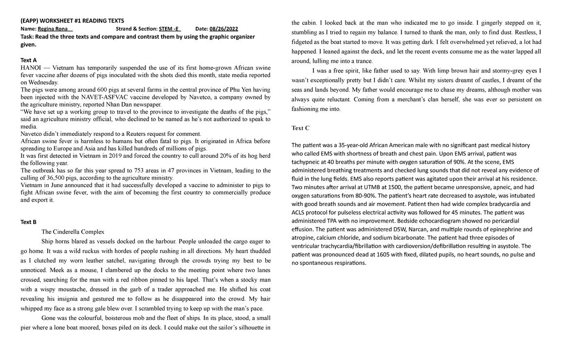 EAPP Worksheet 1: Comparing Three Academic Texts - Studocu