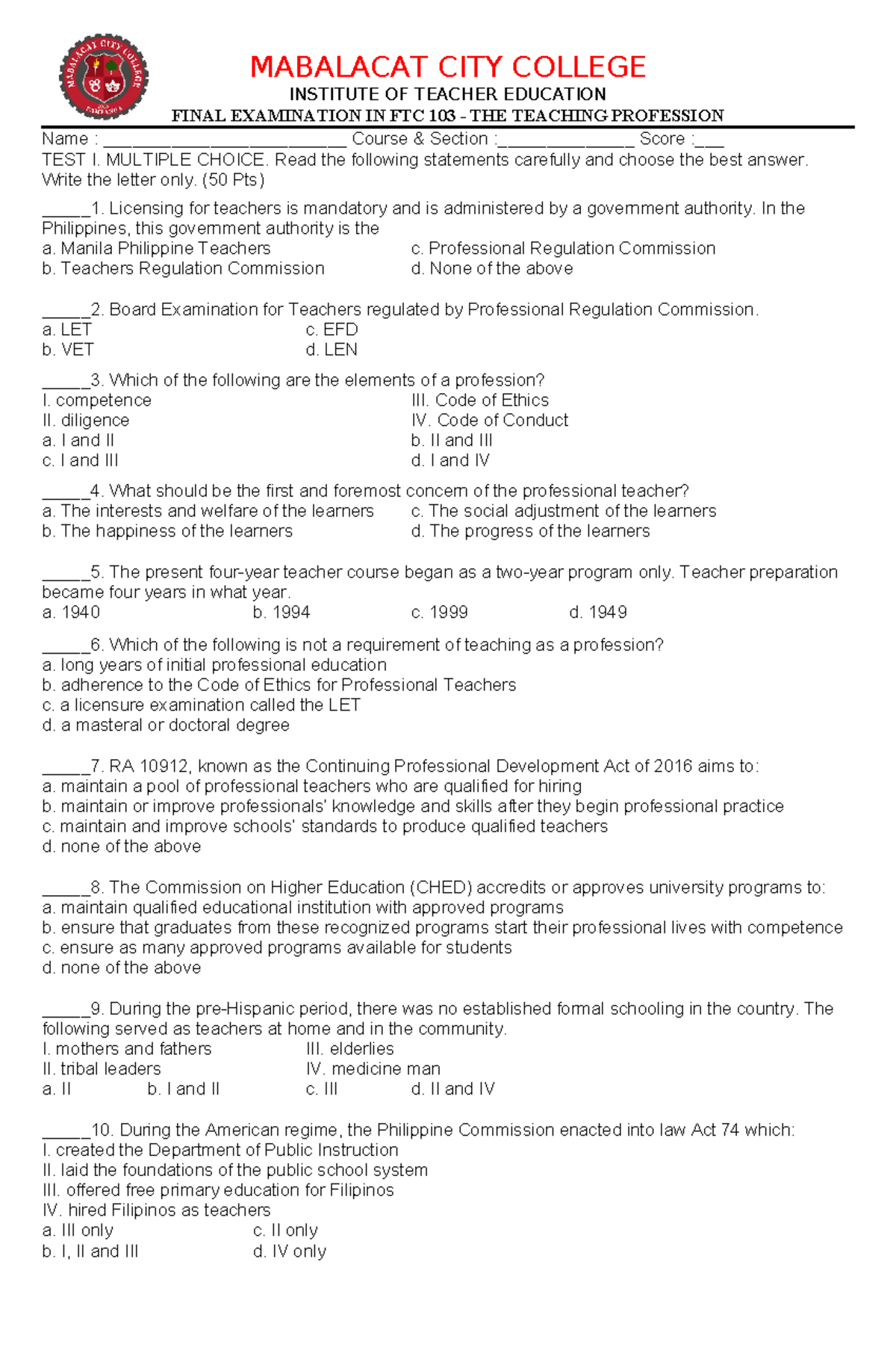 The Exam is easy - MABALACAT CITY COLLEGE INSTITUTE OF TEACHER ...